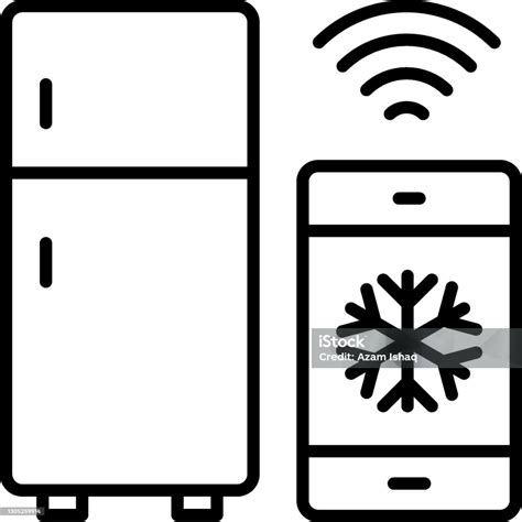 모바일 앱 벡터 라인 아이콘 디자인을 통한 냉장고 제어 흰색 배경에 사물 인터넷 기호 Iot 및 자동화 스톡 일러스트레이션