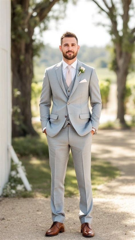 Stylish Groom In A Light Gray Suit With Pastel Accents At A Vineyard