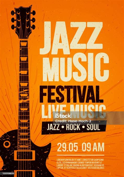 레드 백그라운드에서 복고풍 스타일로 기타가 있는 록 재즈 페스티벌 라이브 음악 행사를 위한 벡터 일러스트 포스터 플라이어 디자인 템플릿 전단지에 대한 스톡 벡터 아트 및