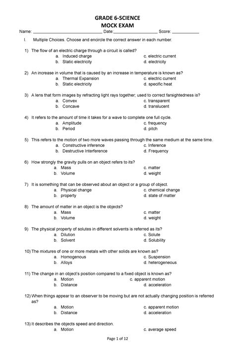 Science Grade 6 Mock Exam Grade 6 Science Mock Exam Name Date Worksheets Library