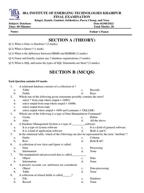 Section B Mcqs Pdf Databases Relational Database