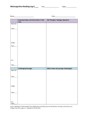 Fillable Online Metacognitive Reading Log Template Reading Apprenticeship Fax Email Print