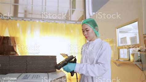 헤어넷과 멸균 의류 및 장갑을 착용하고 바코드 스캐너를 사용하고 사용하거나 제조 공장의 창고 또는 생산 라인에서 제품 포장을
