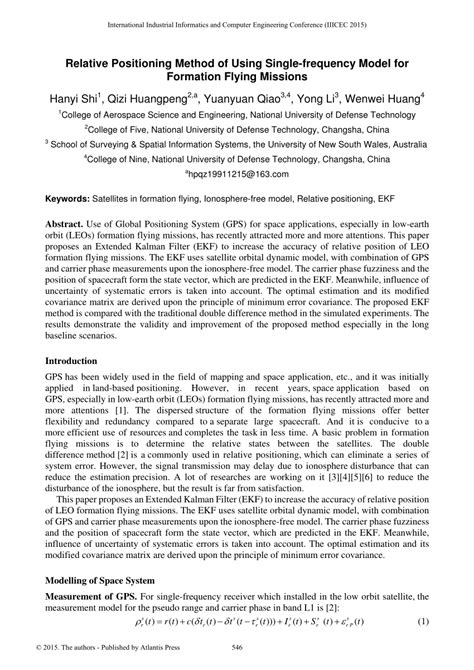 Pdf Relative Positioning Method Of Using Single Frequency Model For Formation Flying Missions