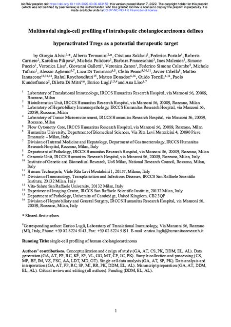 Pdf Multimodal Single Cell Profiling Of Intrahepatic Cholangiocarcinoma Defines Hyperactivated