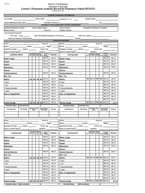 School Form 10 Sf10 Learners Permanent Academic Record For Elementary