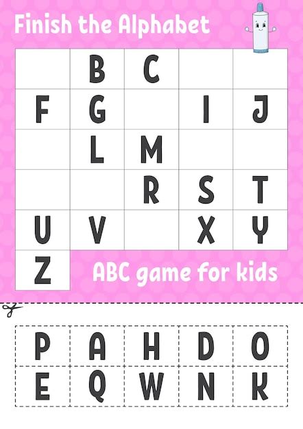 아이들을 위한 알파벳 Abc 게임 완성하기 자르고 붙이기 교육 개발 워크시트 아이들을 위한 학습 게임 프리미엄 벡터