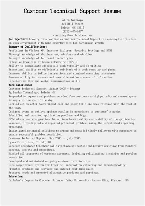 Resume Samples Customer Technical Support Resume Sample