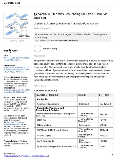 PDF Spatial Multi Omics Sequencing For Fixed Tissue Via DBiT Seq V1