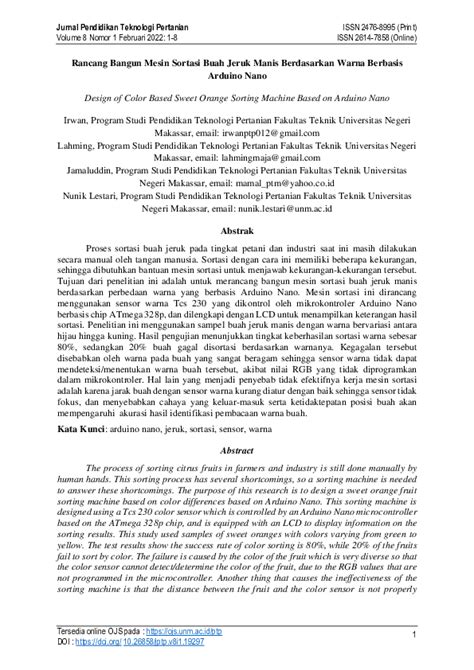 Pdf Rancang Bangun Mesin Sortasi Buah Jeruk Manis Berdasarkan Warna Berbasis Arduino Nano