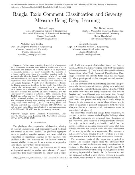 Pdf Bangla Toxic Comment Classification And Severity Measure Using