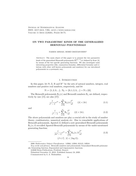 Pdf On Two Parametric Kinds Of The Generalized Bernoulli Polynomials