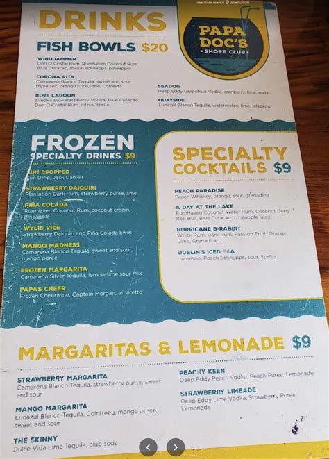 Menu At Papa Docs Shore Club Lake Wylie