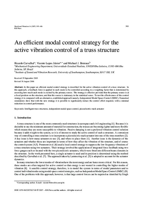 Pdf An Efficient Modal Control Strategy For The Active Vibration Control Of A Truss Structure