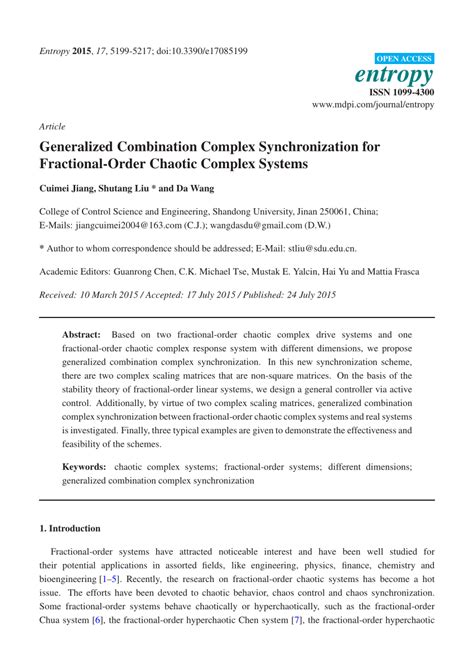 Pdf Generalized Combination Complex Synchronization For Fractional Order Chaotic Complex Systems