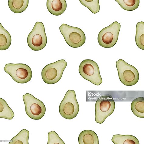 아보카도 원활한 패턴입니다 녹색 음식의 수채화 배경입니다 손으로 그린 고립 된 그림입니다 과일 또는 야채의 식물 그림 직물 및 부엌 직물에 대한 장식 도면 수채화에 대한