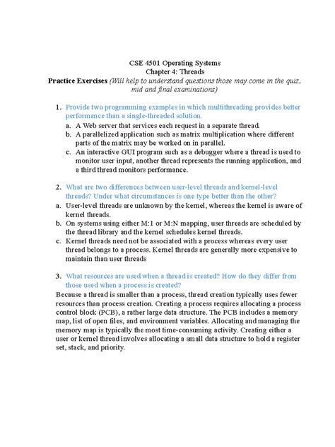 Os Chap4 Question Answers Cse 4501 Operating Systems Chapter 4 Threads Practice Exercises