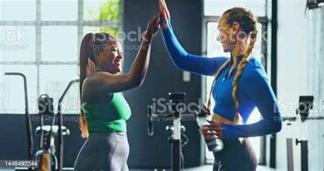 체육관 친구 및 운동 후 하이 파이브는 성공과 동기 부여와 함께 운동 훈련을합니다 팀 여성 우정에 적합하고 코치와 함께 헬스 클럽에서 유산소 스포츠 활동을 축하합니다 20