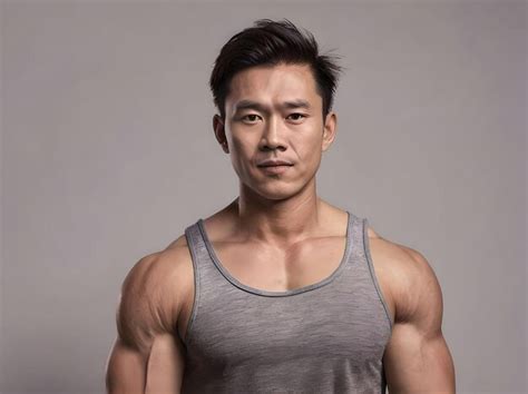 Premium Ai Image Masculine Muscle Asian Guy With Tank Top Looking At