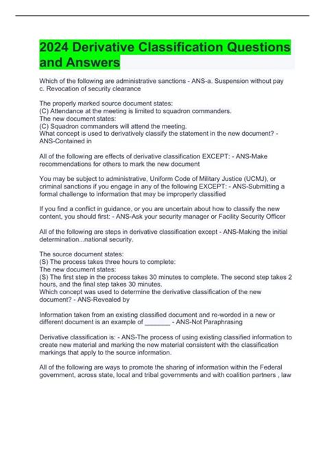 2024 Derivative Classification Questions And Answers Derivative Classification Stuvia Us