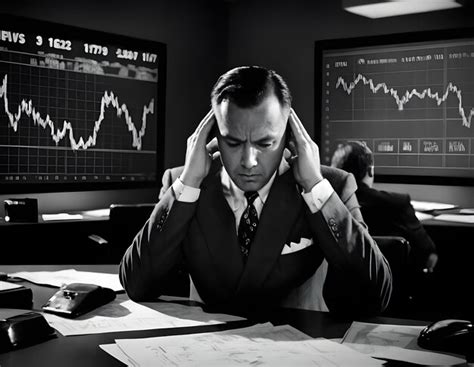 Trader Stressed While Analyzing Market Data On Multiple Screens In A Trading Room Premium Ai
