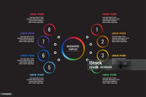 검은 색 배경에 둥근 종이 컷 요소가있는 8 단계 인포 그래픽 템플릿 비즈니스 프로세스 다이어그램 회사 프리젠 테이션 슬라이드 템플릿 현대 벡터 정보 그래픽 레이아웃 디자인