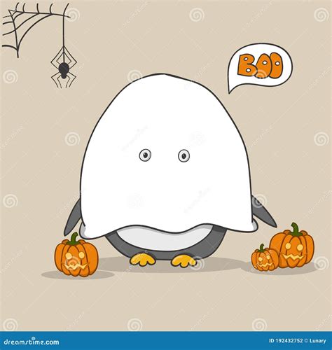 Penguin Wearing In A Ghost Costume With Carved Pumpkins Happy Halloween Card Stock Vector