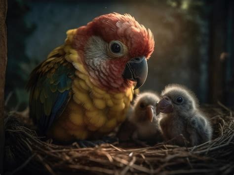 Premium AI Image Adult Parrot With Babies Generative AI