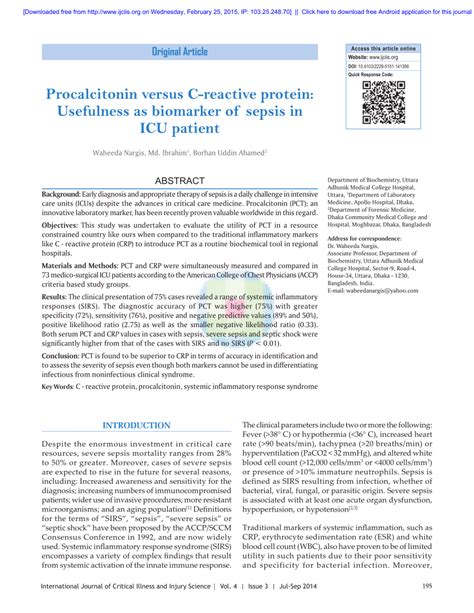 Pdf Procalcitonin Versus C Reactive Protein Usefulness As Biomarker Of Sepsis In Icu Patient