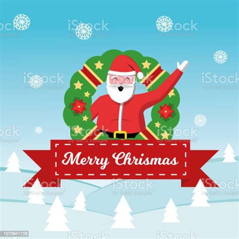 행복 한 산타 클로스 손을 흔들며 크리스마스 화 환에서 파란색 배경에 축제 리본과 크리스마스 나무와 비문 메리 크리스마스와 리본 12월에 대한 스톡 벡터 아트 및 기타