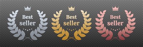 베스트 셀러 스티커 또는 배지 월계관과 왕관이 있는 순위 및 수상 요소 세트는 금색 은색 로즈 골드 색상입니다 플랫 스타일의 벡터 일러스트 레이 션 0명에 대한 스톡 벡터