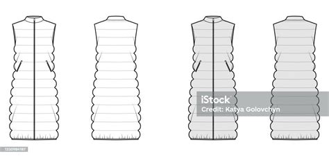 스탠드 칼라 포켓 미디 길이 클래식 퀼팅이 있는 다운 베스트 퍼퍼 웨이스트코트 테크니컬 패션 일러스트 0명에 대한 스톡 벡터 아트 및 기타 이미지 Istock