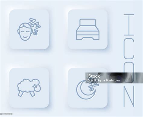 세트 라인 꿈 큰 침대 양과 달과 별 흰색 사각형 버튼입니다 벡터 사람들에 대한 스톡 벡터 아트 및 기타 이미지 사람들 잠자기 한 사람 Istock