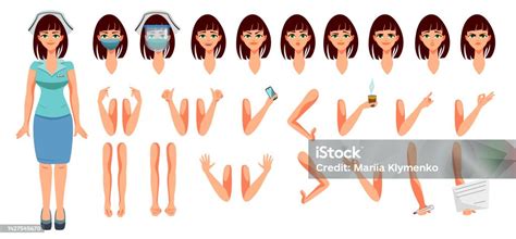 간호사 소녀는 애니메이션을 만들 수 있습니다 다른 감정과 손 움직임을 가진 캐릭터 손에 다양한 물건 벡터 일러스트 레이 션 간호사에 대한 스톡 벡터 아트 및 기타 이미지