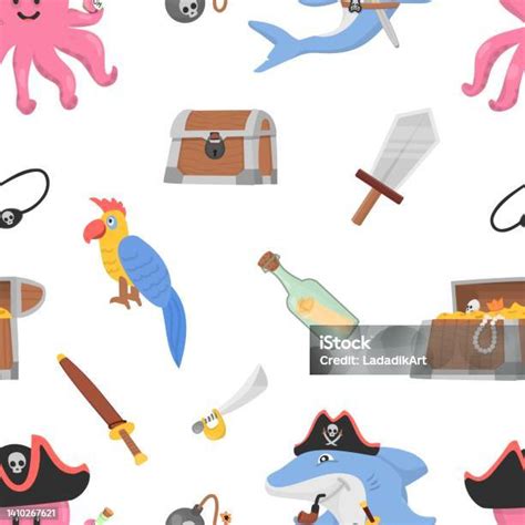 해적 원활한 패턴 나무 상자 보물 및 병 상어와 럼주가있는 문어 어린이 바다 모험 벡터 배경 가득 찬에 대한 스톡 벡터 아트 및