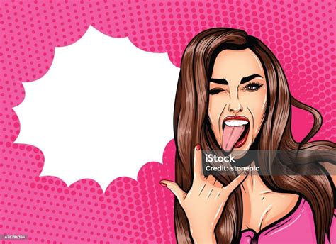 팝 아트 빈티지 광고 포스터 만화 소녀 연설 거품 예쁜 여 자가 혀와 로큰롤 기호 표시 여자에 대한 스톡 벡터 아트 및 기타
