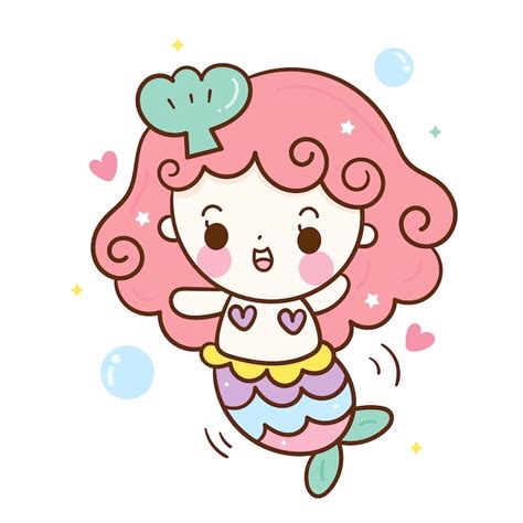 귀여운 인어 벡터 행복 한 감정 프리미엄 벡터