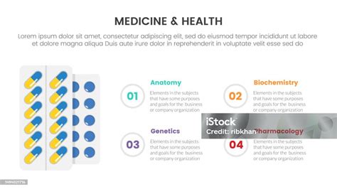 마약 알약 캡슐 건강 의학 인포그래픽 개념 4점 목록 설명 벡터가 있는 슬라이드 프레젠테이션 건강관리와 의술에 대한 스톡 벡터 아트 및 기타 이미지 Istock