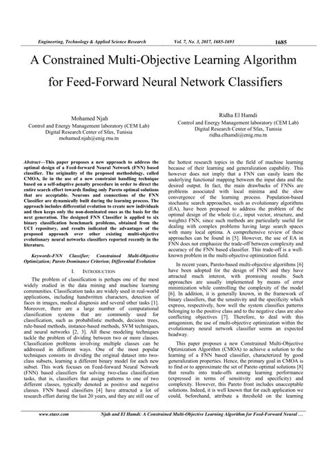 Pdf A Constrained Multi Objective Learning Algorithm For Feed Forward