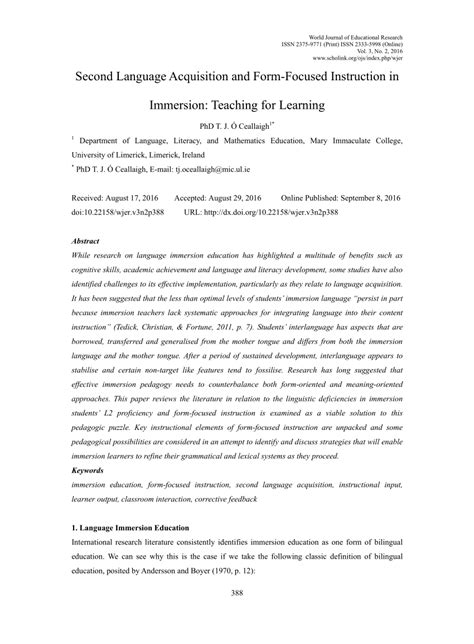 Pdf Second Language Acquisition And Form Focused Instruction In Immersion Teaching For Learning