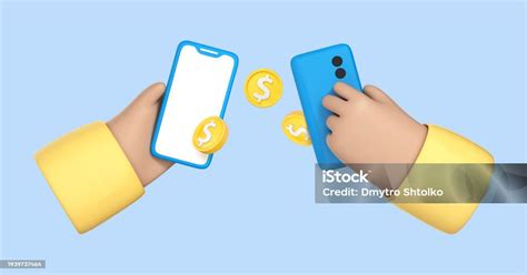 휴대폰을 들고 송금하는 두 만화 손 스마트폰으로 송금 온라인 결제 개념 모바일 지갑 캐쉬백 및 뱅킹 벡터 3d 일러스트 레이 션 3차원 형태에 대한 스톡 벡터 아트 및 기타