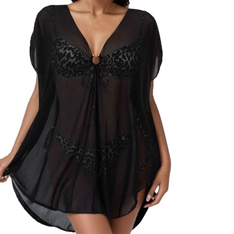 Wnvmwi Beach Outfit Black Women Ring Linked Sheer Mesh Cover Up Dress