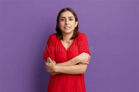 Winter Is Coming Freezing Young Pretty Brunette Girl In Red T Shirt