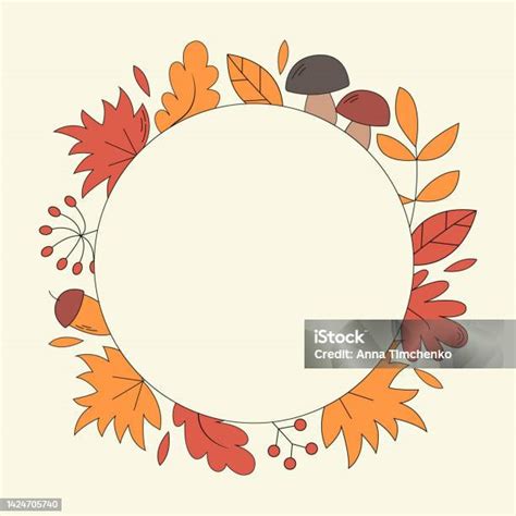 단풍 나무 참나무 잎 버섯 및 열매가있는 가을 둥근 배경 가을 잎의 벡터 일러스트 서클 배너 템플릿 10월에 대한 스톡 벡터 아트 및 기타 이미지 Istock