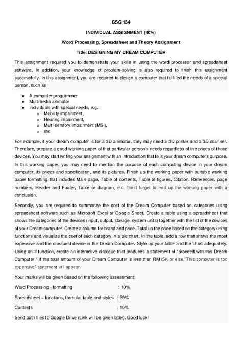Csc134 Individual Assignment Csc 134 Individual Assignment 40 Word Processing Spreadsheet