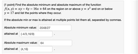 Solved 1 Point Find The Absolute Minimum And Absolute