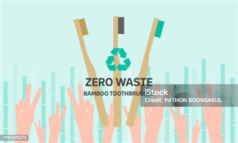 녹색 배경에 두 손가락을 제기 대나무 칫솔의 그래픽 그림 제로 폐기물 개념 플랫 디자인 0에 대한 스톡 벡터 아트 및 기타 이미지 Istock