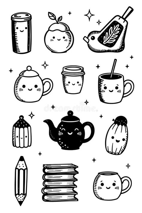 Black And White Playful Objects With Tiny Faces Vector Set Ideal For Fun Whimsical