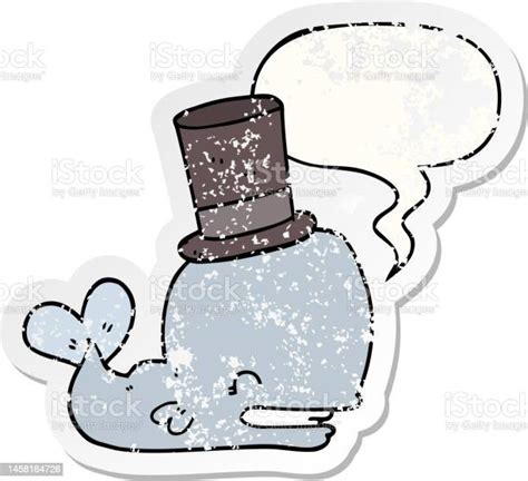 만화 고래 모자를 쓰고 연설 거품 고민 고민 오래 된 스티커 고래에 대한 스톡 벡터 아트 및 기타 이미지 고래 귀여운 그런지 이미지 기법 Istock