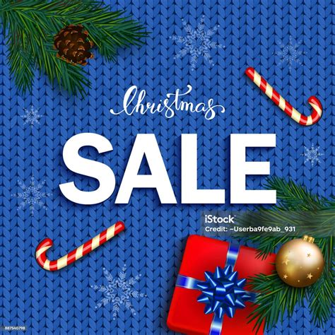 나비 사탕 지팡이 블루 니트 배경에 거품 상자 선물 크리스마스 판매 배너 크리스마스 장식 장식입니다 벡터 붓글씨 레터링 12월에 대한 스톡 벡터 아트 및 기타 이미지